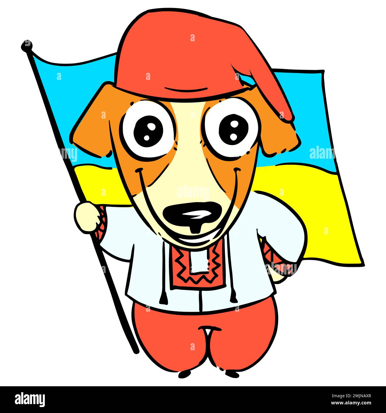 Dog Patron in pants and embroidered vyshyvanka with a flag on a white ...