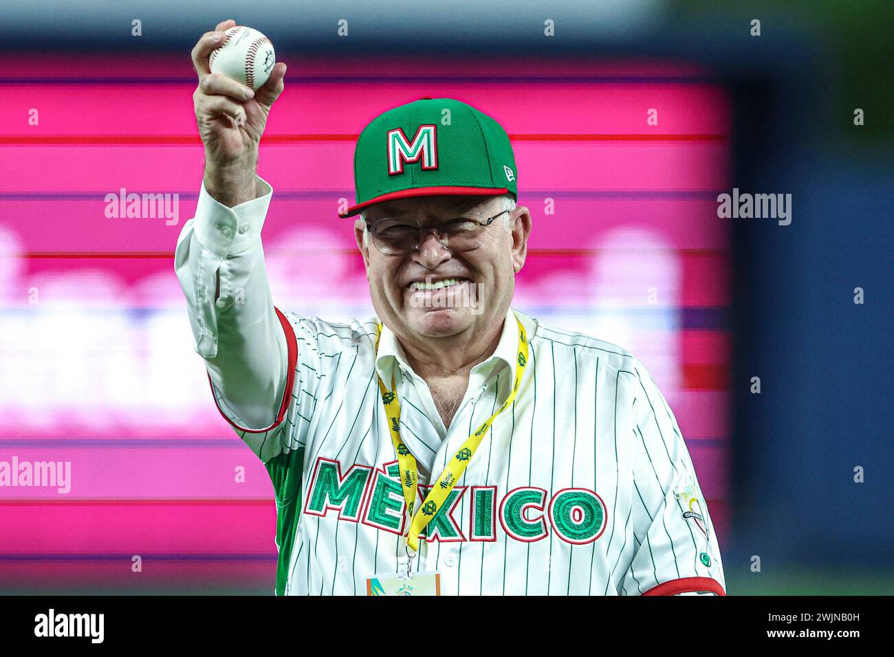 MIAMI, FLORIDA - FEBRUARY 2: Enrique Mazón throwing the first ball ...