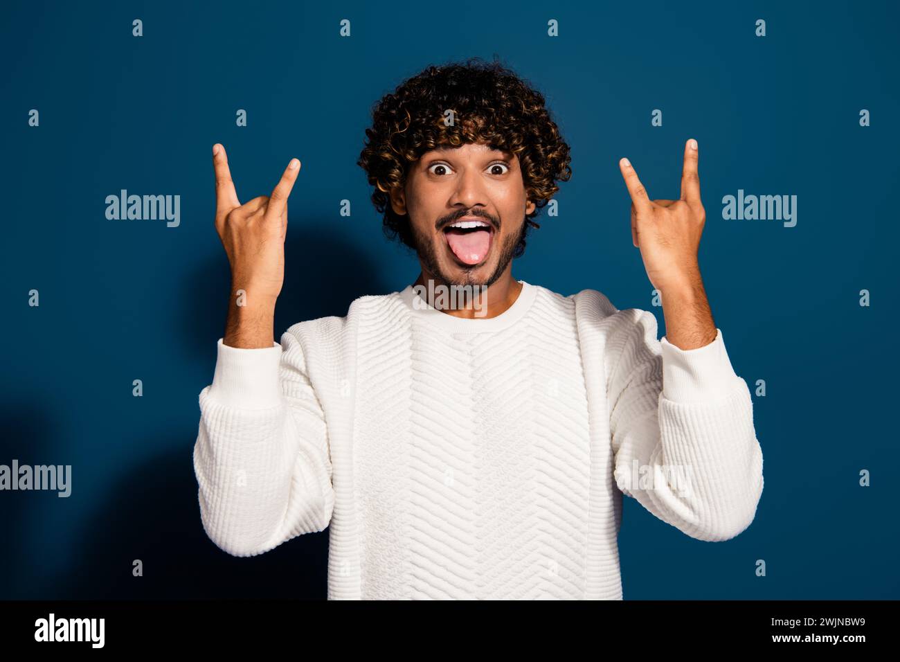 Photo of funky cool guy dressed white pullover stick out showing hard ...