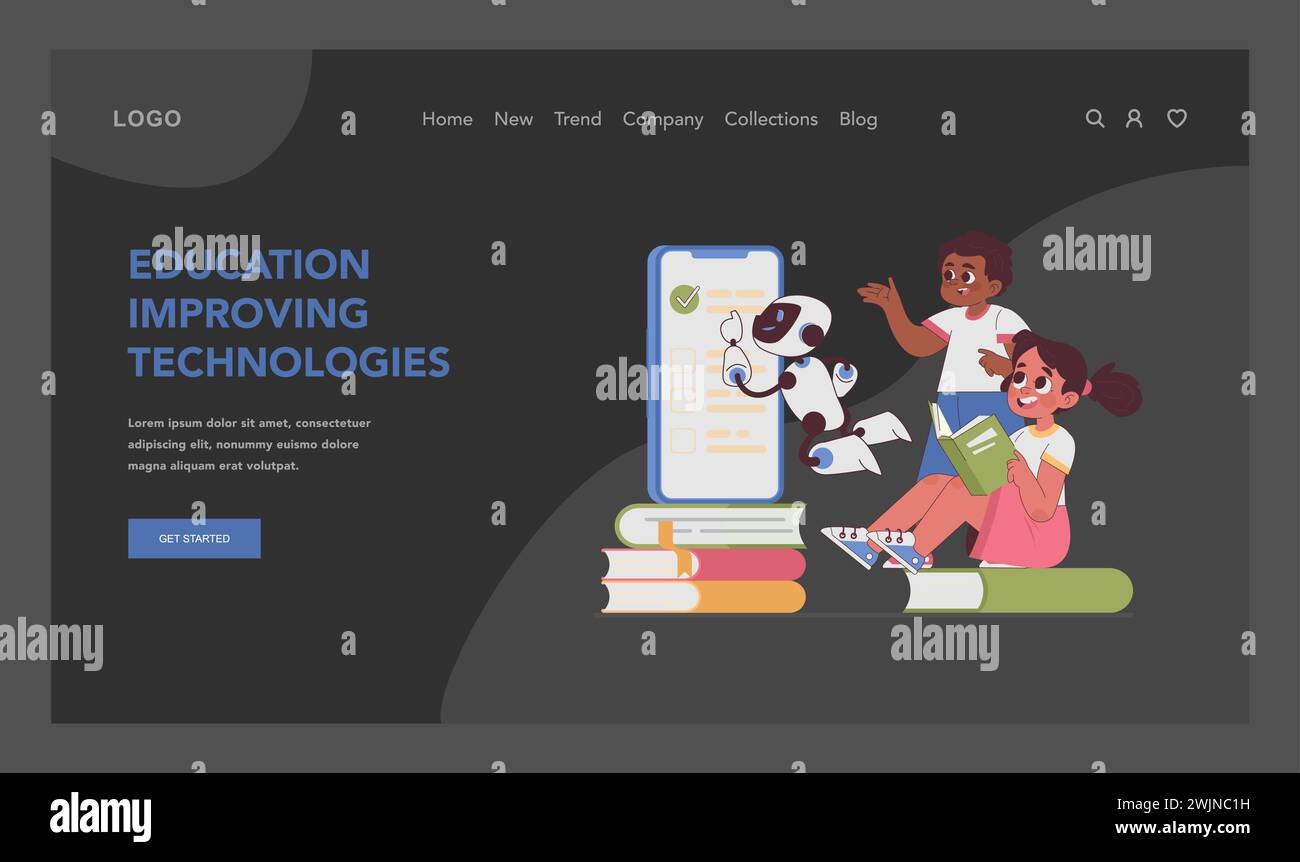 Educational stress web or landing. Students engage with innovative learning tools, robot ...