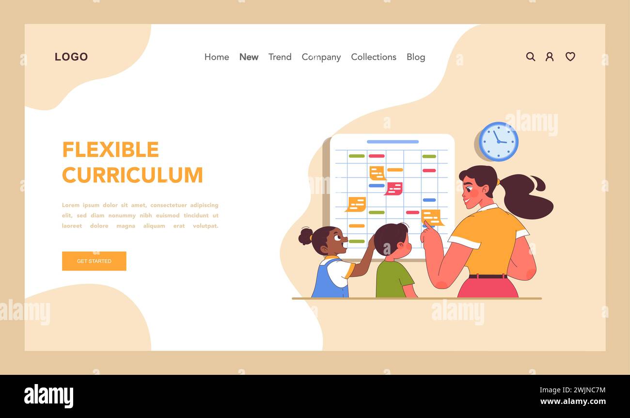 Educational stress web or landing. Teacher and students interact with flexible curriculum ...