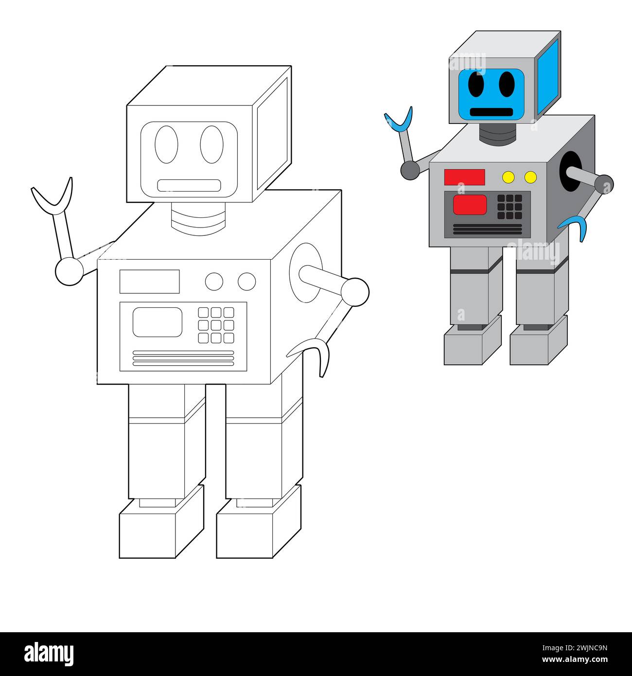 Cute Robot Colouring Element for Colouring Page or book, Easy colouring ...