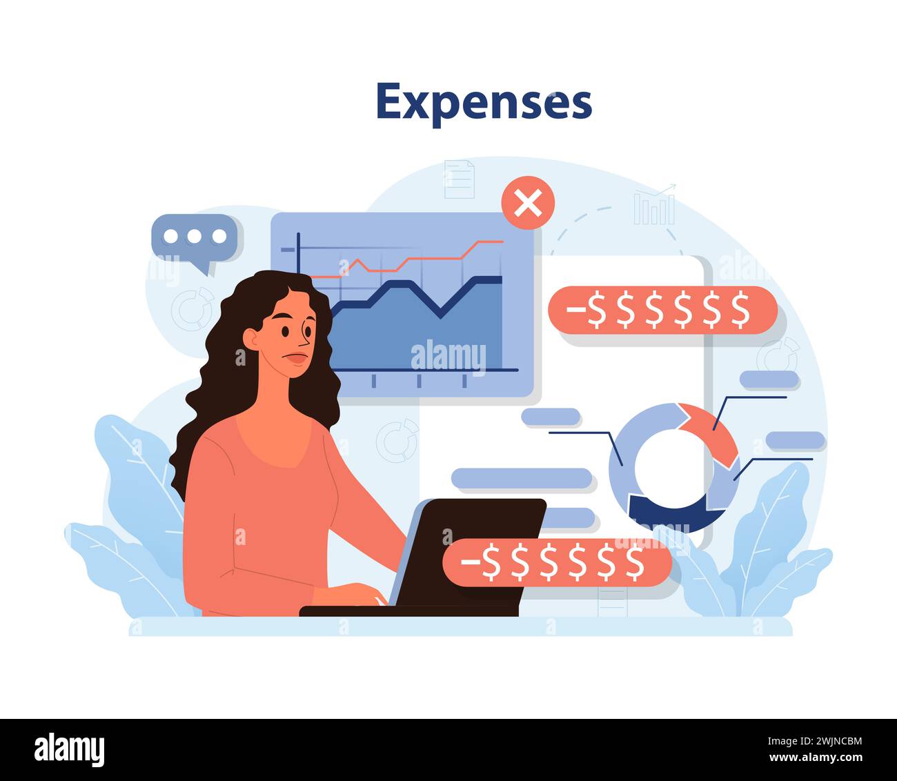 Professional monitoring business expenses. Woman at desk, assessing ...