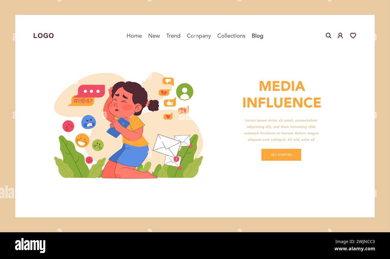 Media influence web or landing. Young girl overwhelmed by social ...