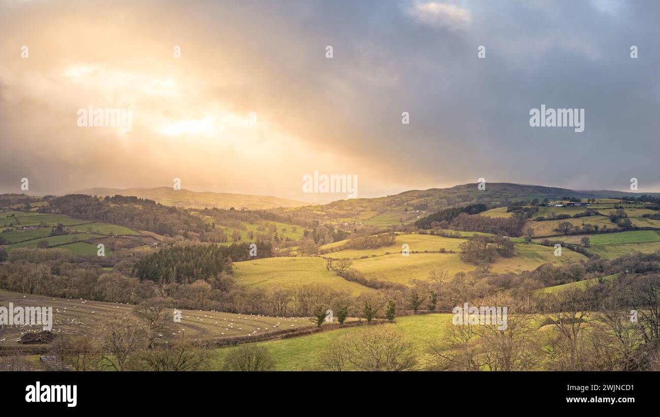 Sunset over Denbighshire countryside of Wales outside of Corwen. Cloudy ...
