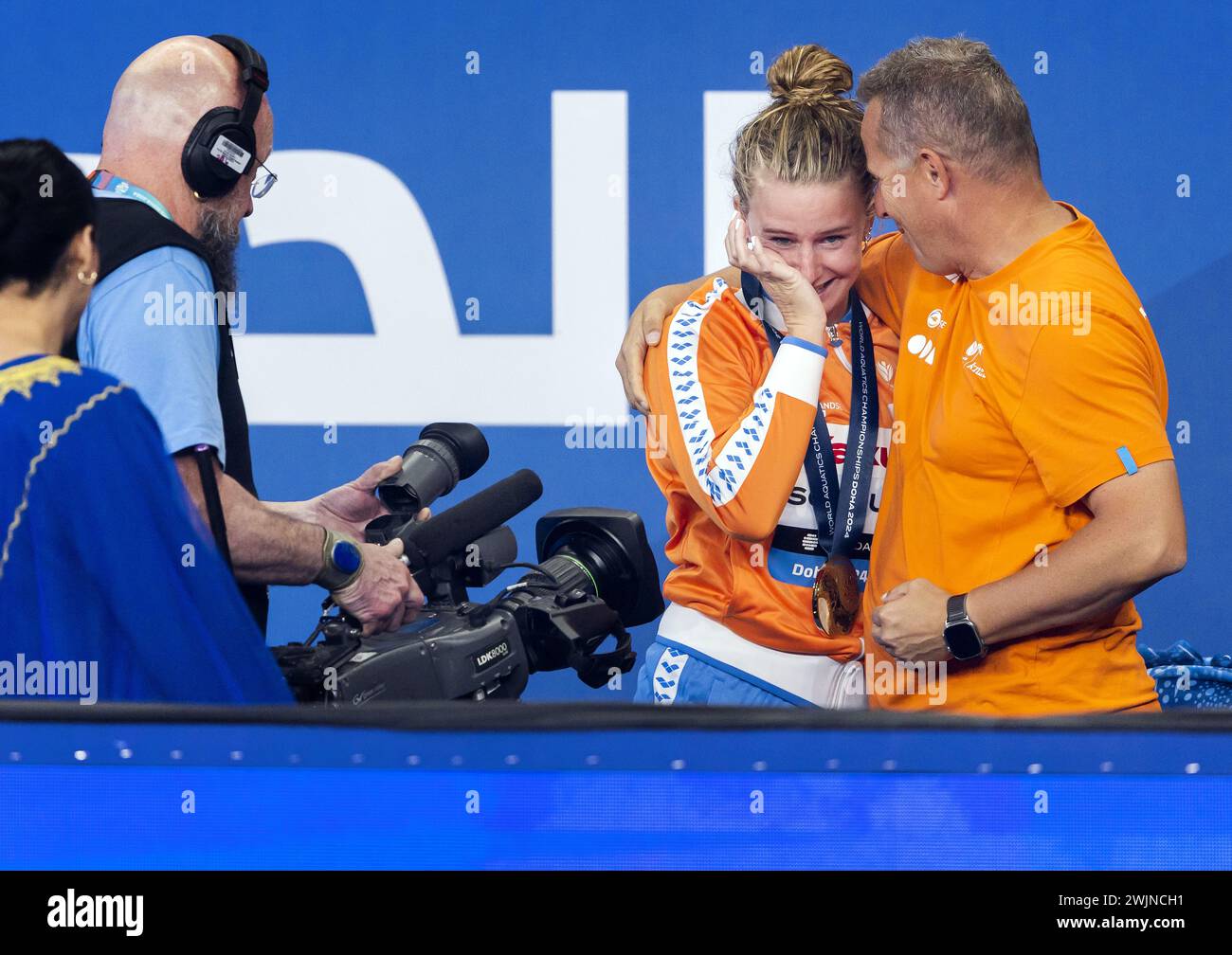 DOHA - Tes Schouten and coach Mark Faber during the honoring of the 200 ...
