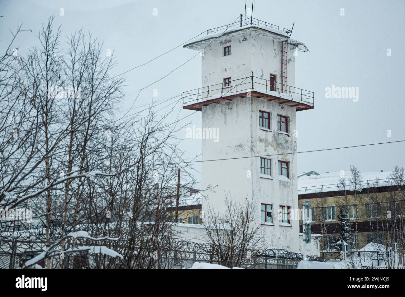 A view of the entrance of the prison colony in the town of Kharp, in ...
