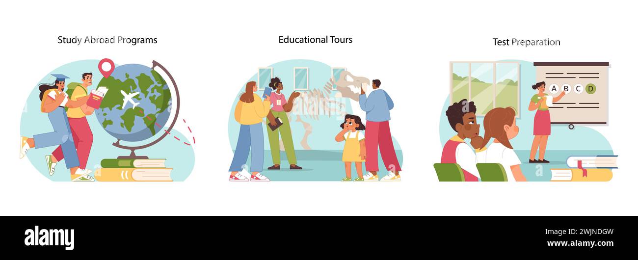 Global education set. People of different ages exploring study abroad ...