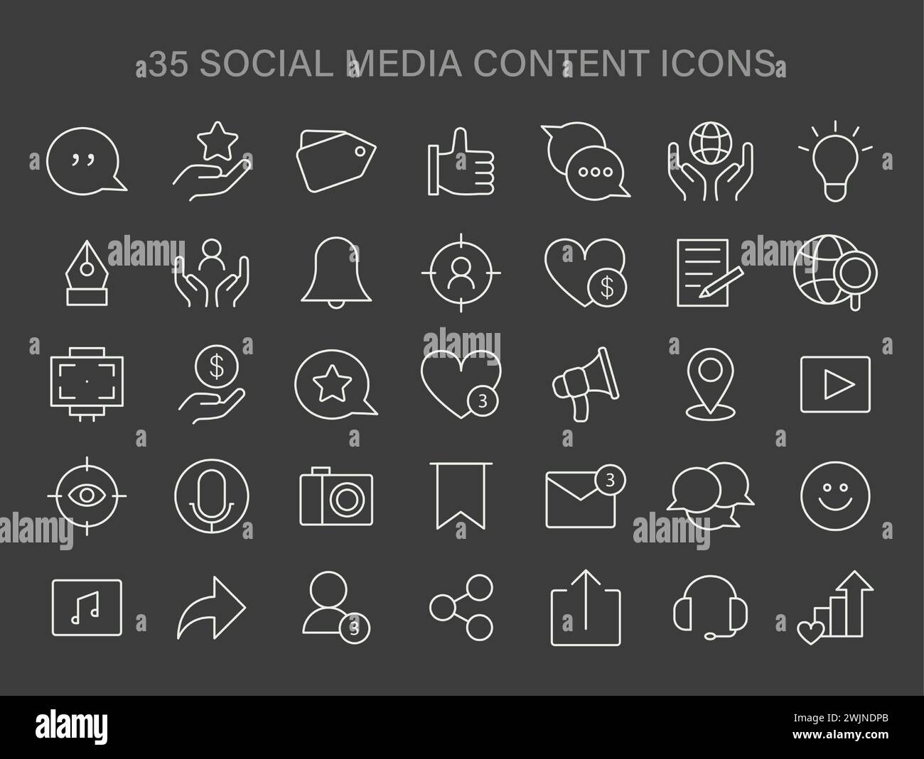 Social Media Content icons set. Array of digital engagement and network interaction icons ...