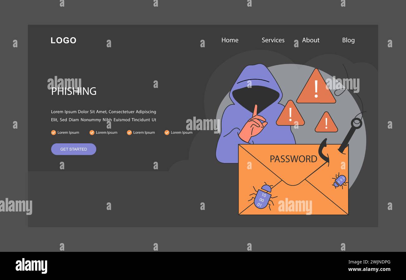Phishing data theft technology web banner or landing page dark or night mode. Cyber attack ...