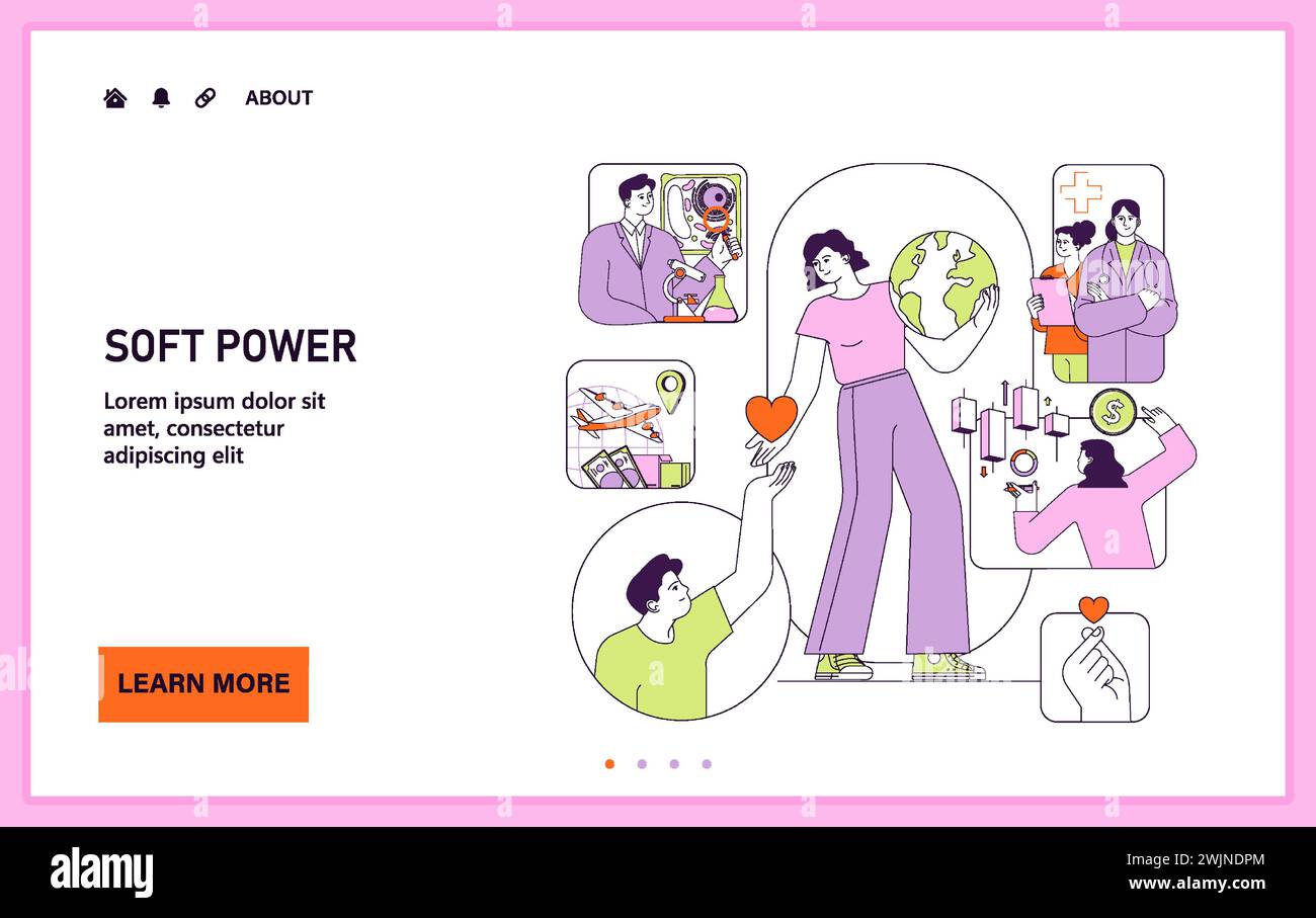 Soft power web or landing. Science, healthcare, economics and trading ...
