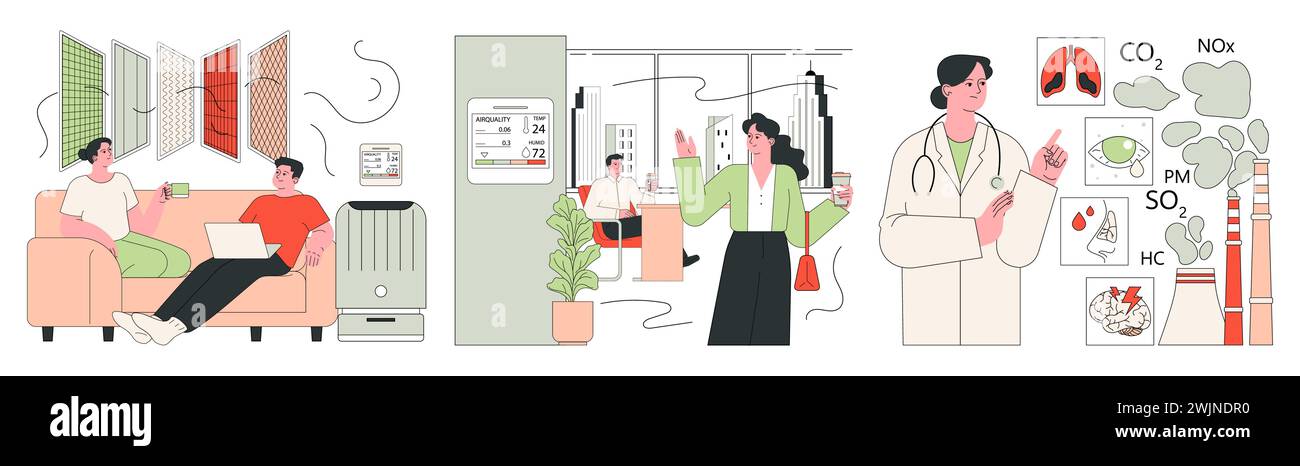 Air quality awareness set. Air quality index and pollution monitoring ...