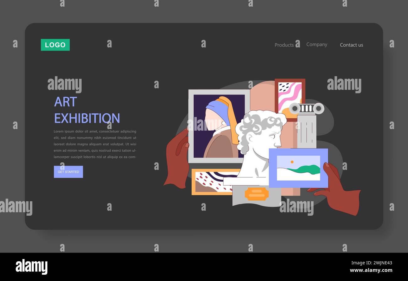 Museum or art gallery dark or night mode web, landing. Hands showcase diverse art pieces at an ...