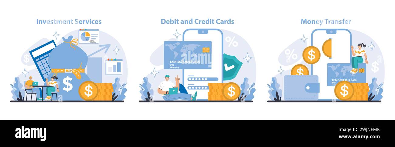 Core Banking Service selection. Illustrating investment options, card ...