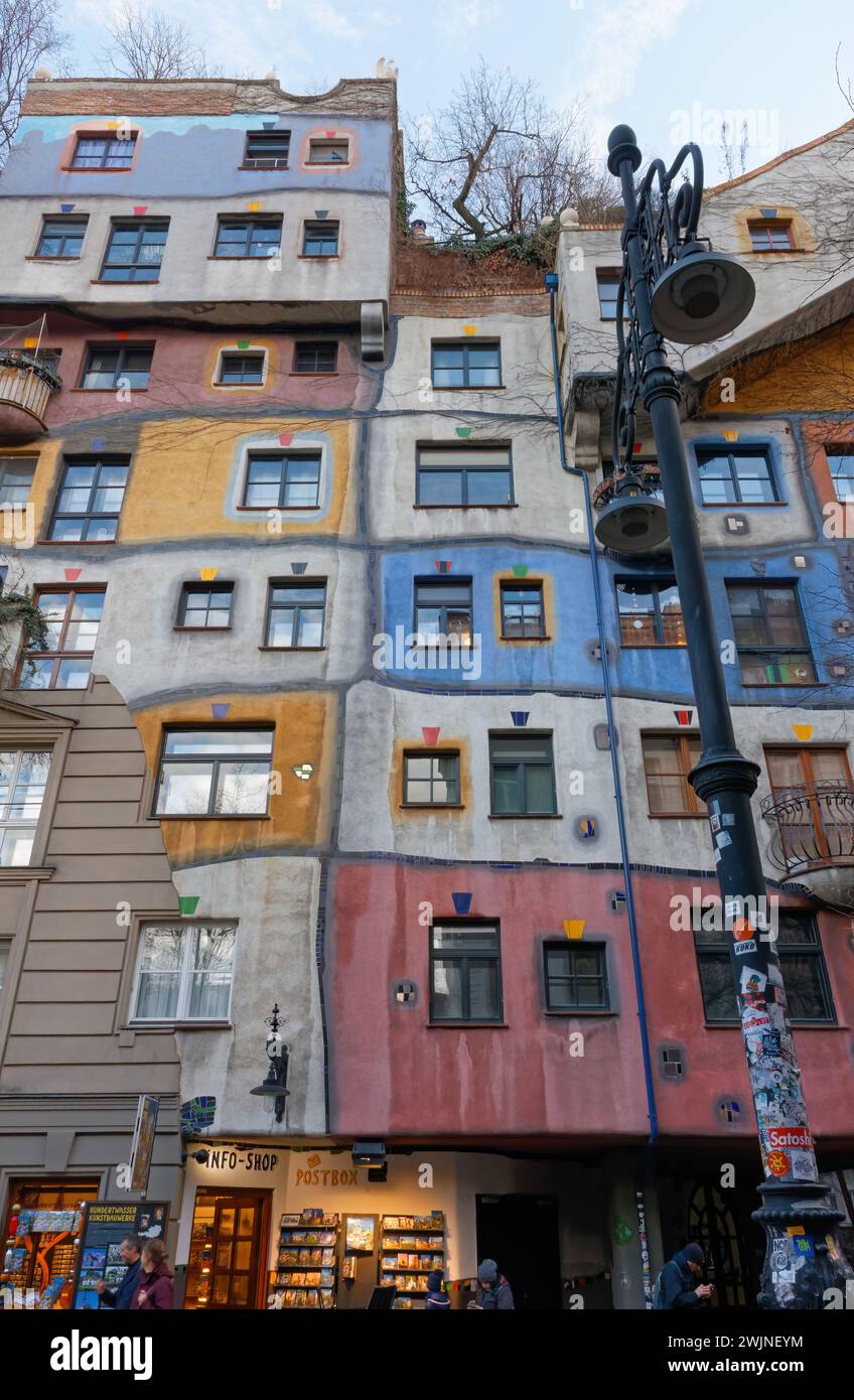 VIENNA, Austria - January 5, 2023: Colorful facade of the Hundertwasser ...