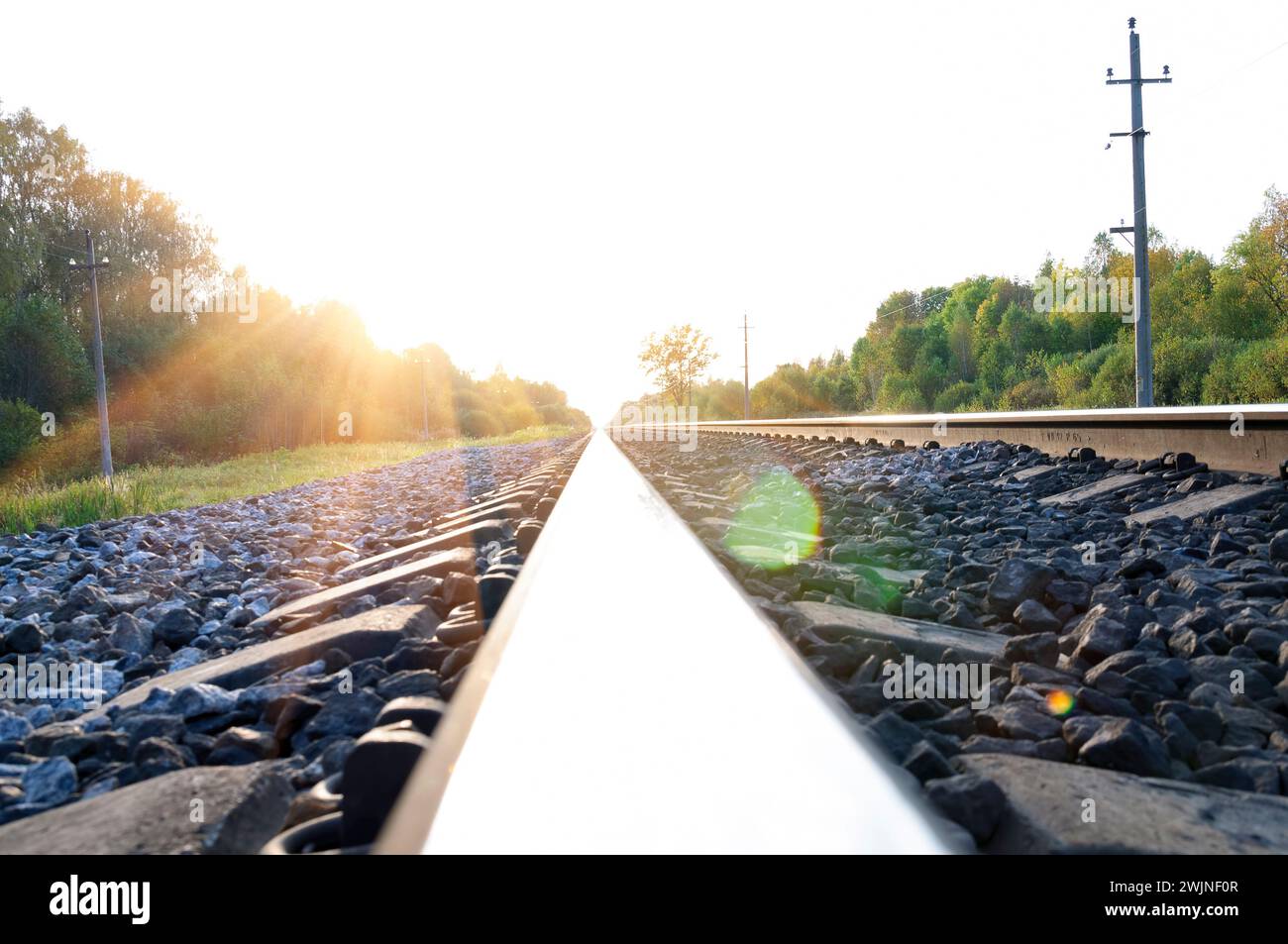 Railroad tracks stretching into the distance. The horizon is flooded with sunlight Stock Photo ...