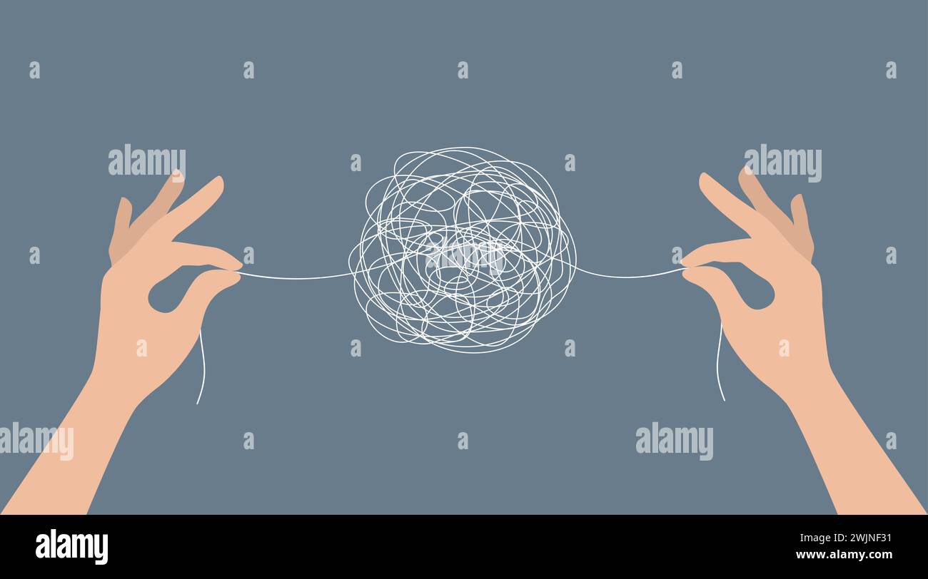 Two hands untangling a ball of thread. Problem solving concept. Flat ...