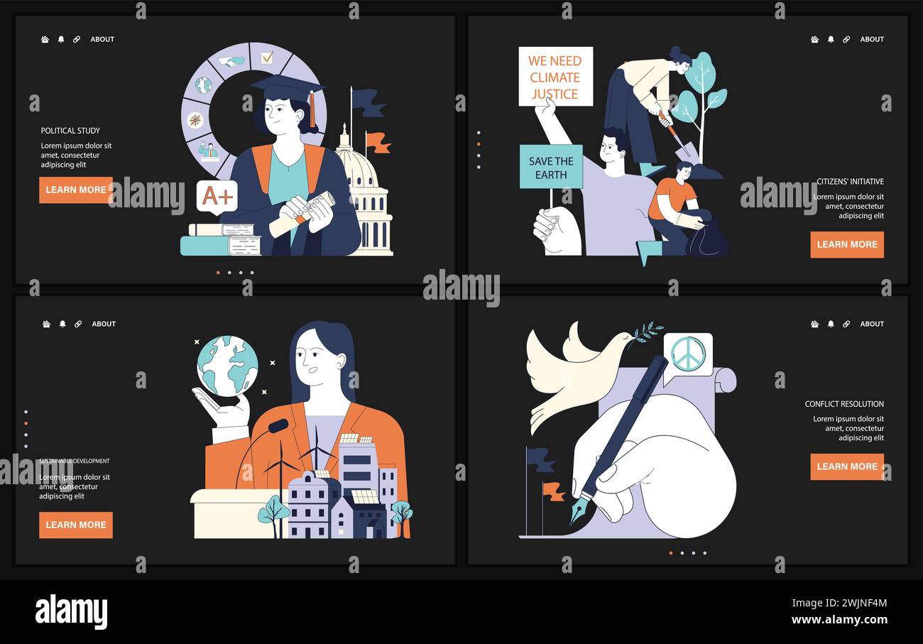 Political action web or landing set. Diverse people involved in global ...