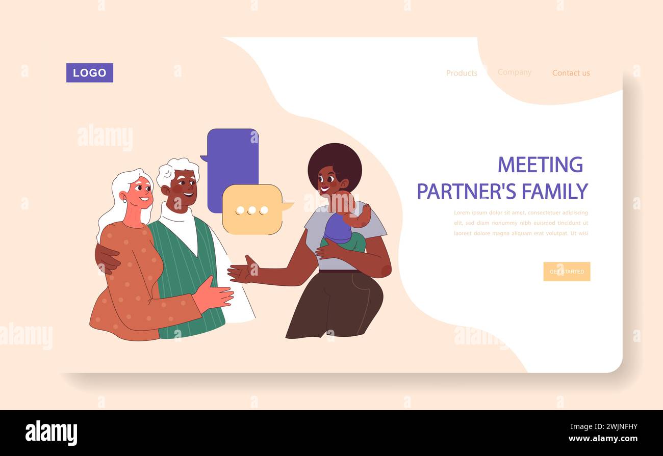 Meeting Partner's Family web or landing. Elderly couple embracing, introducing family with a ...