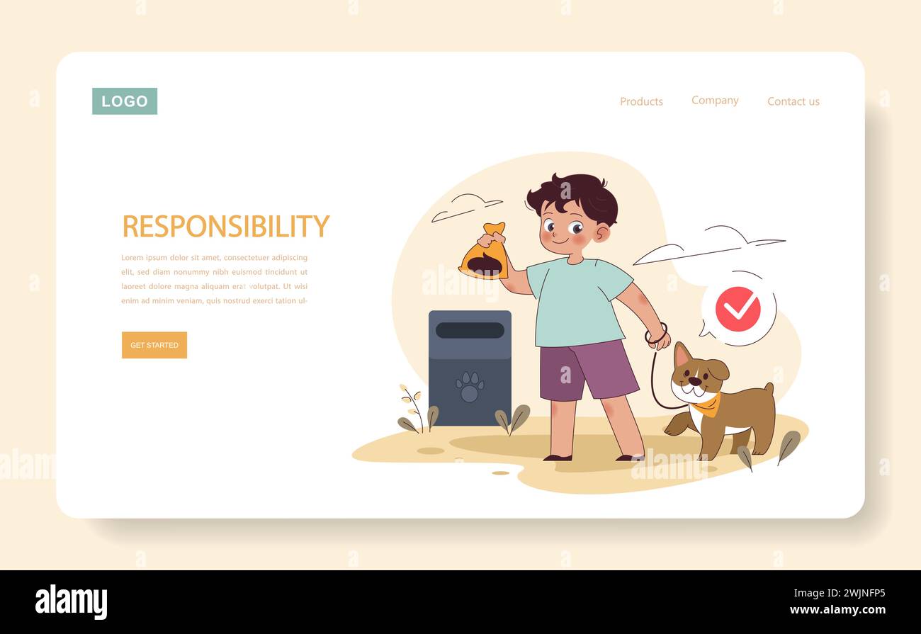 Responsibility web or landing. A boy demonstrates responsible pet care ...