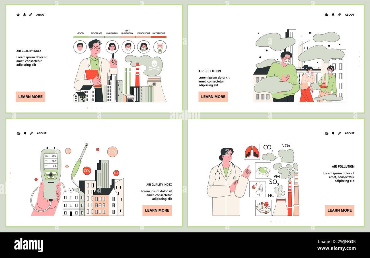 Air quality awareness web or landing set. Air quality index and ...