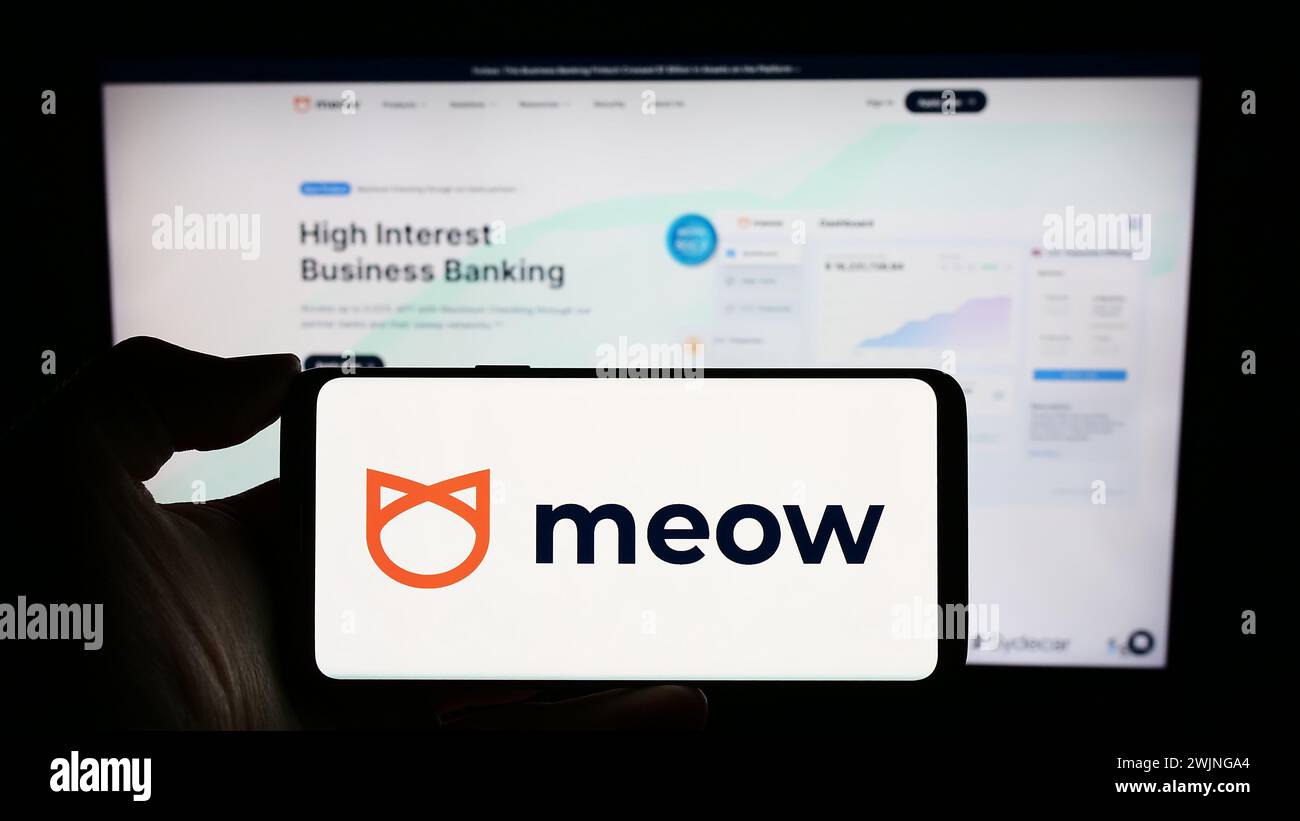 Person holding mobile phone with logo of American fintech company Meow ...