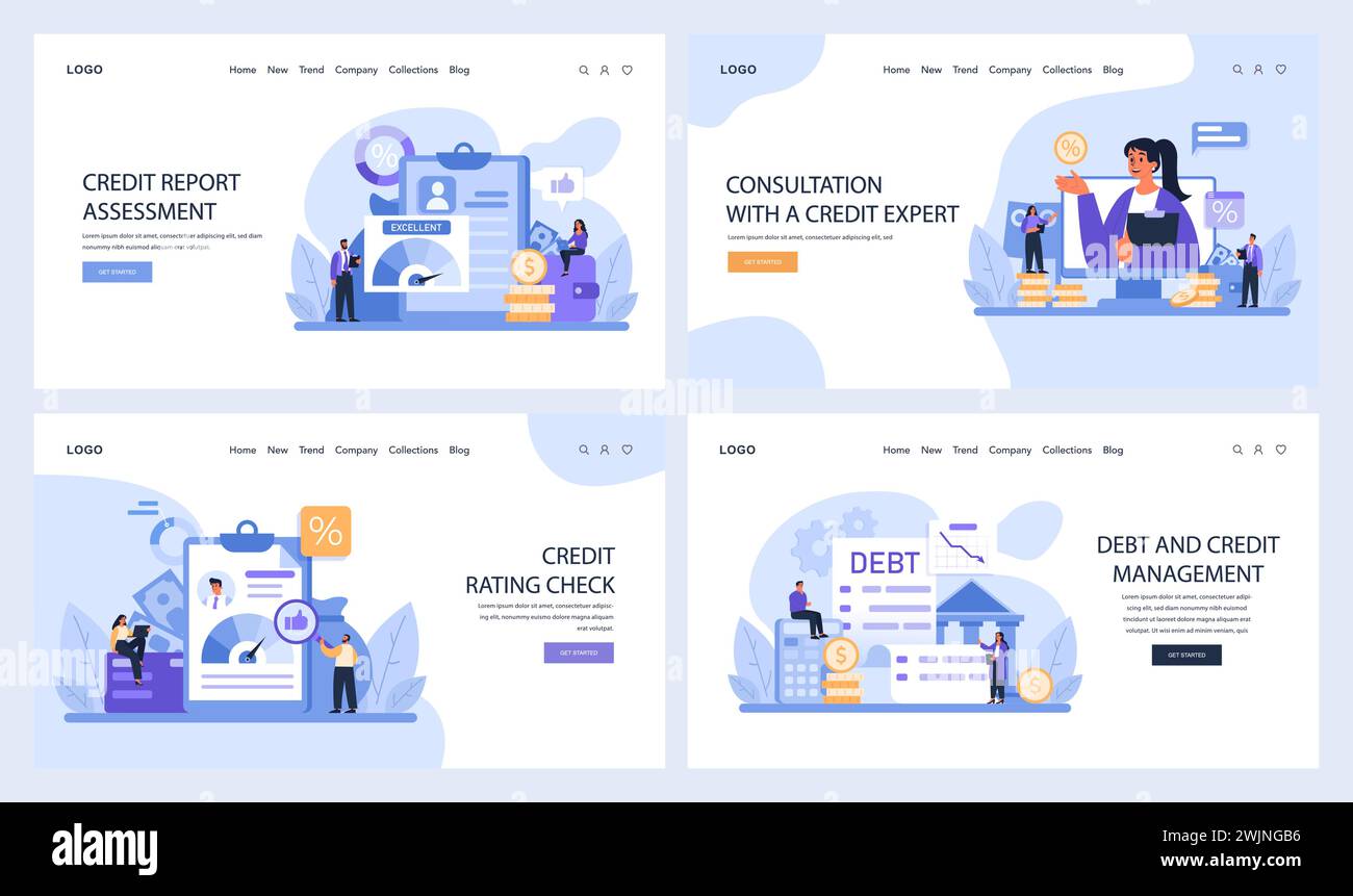 Credit Score Essentials Webpage Set. Showcasing the steps for credit ...