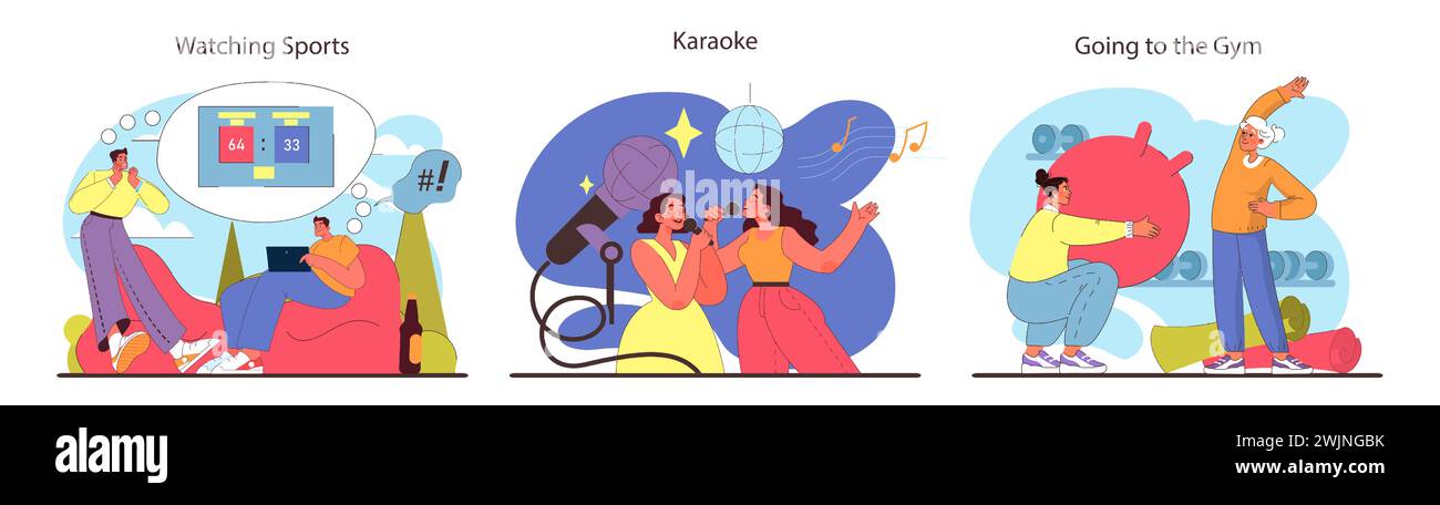 Friends activities set. Groups enjoy varied pastimes, from intense ...