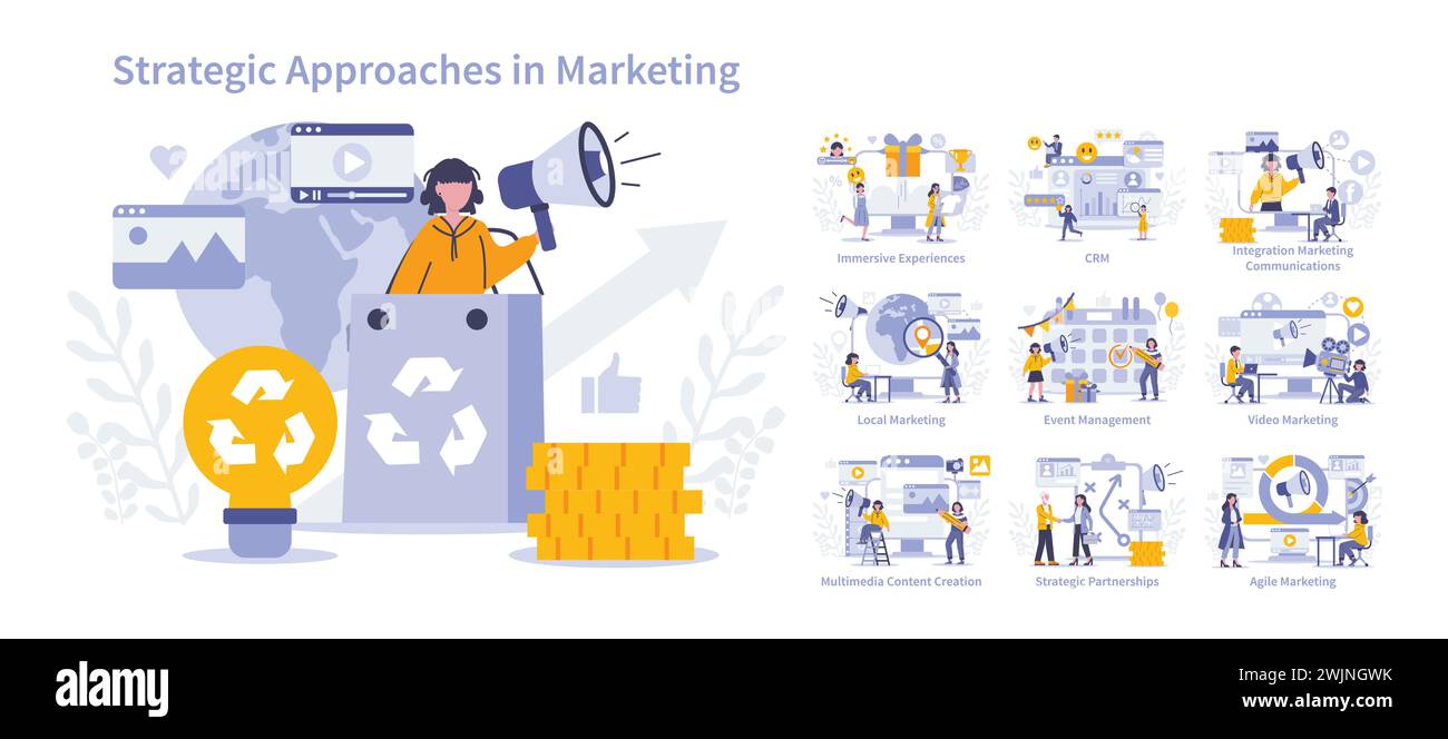 Marketing strategies set. Diverse digital marketing tactics and ...