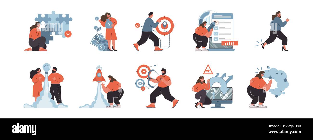 Collaboration and success set. Dynamic team solving puzzles, launching ...