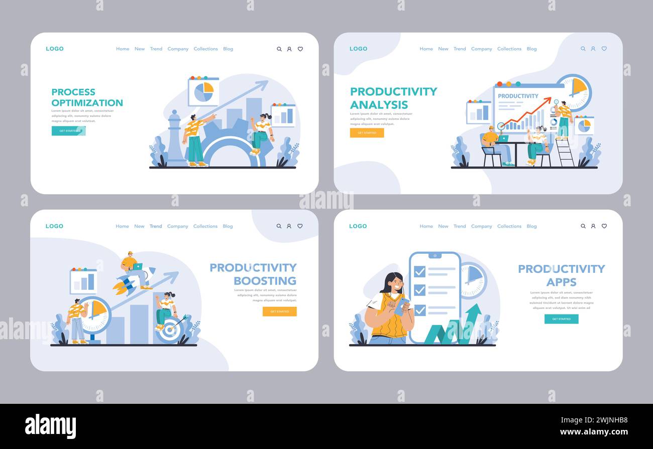 Productivity boosting web or landing page set. Visuals showcasing process optimization ...