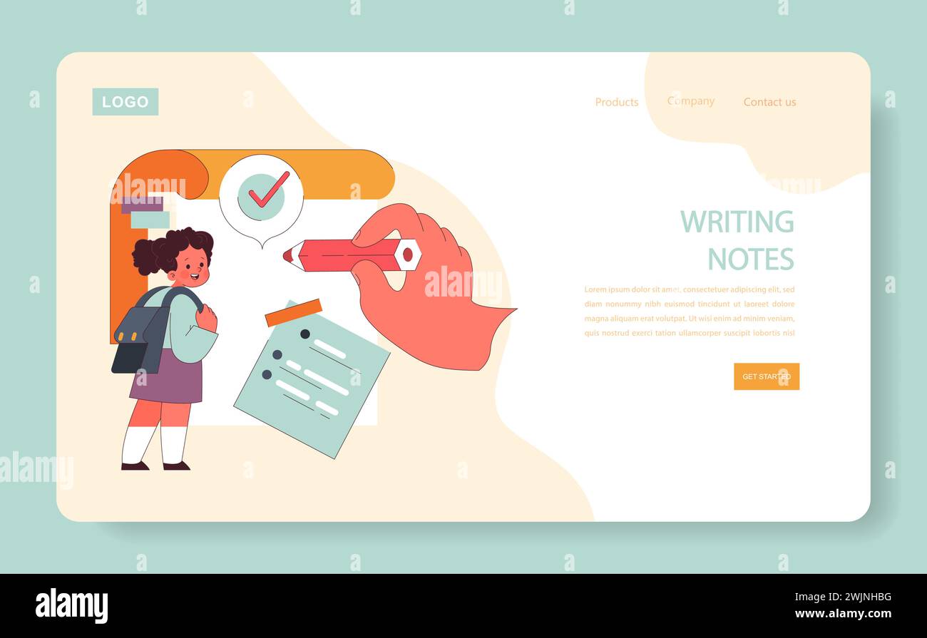 Children learn web or landing. Elementary school classes. A girl with a ...