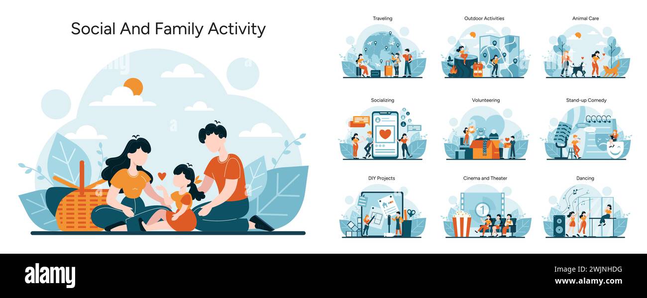 Social and Family Activity set. Bonding moments and shared experiences ...