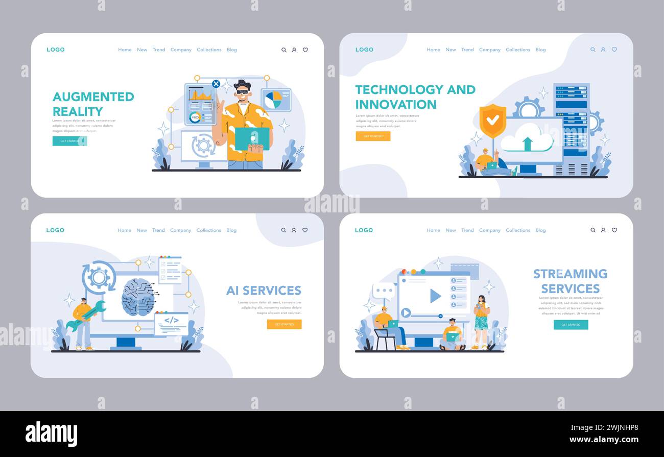 Technology and Innovation web or landing page set. Augmented reality and AI service platforms ...