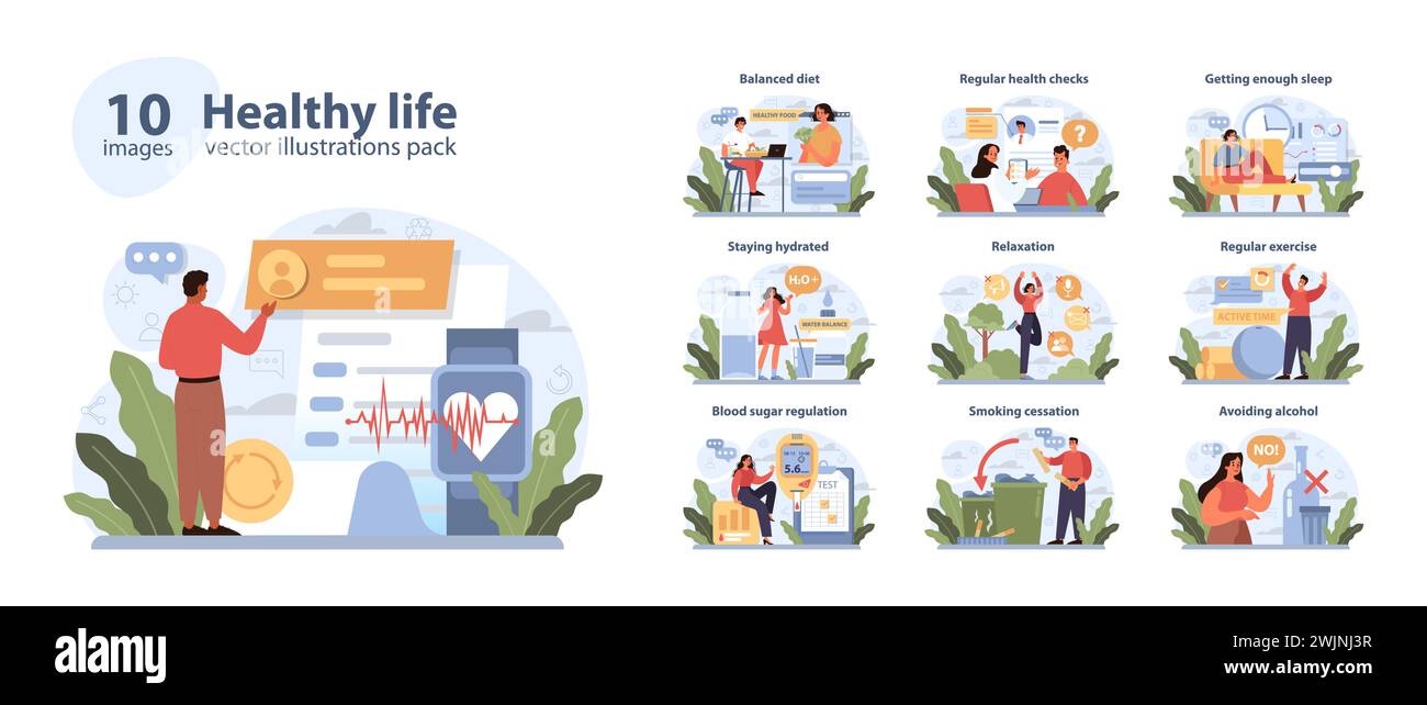 Healthy Life set. A compilation showcasing habits for wellness ...