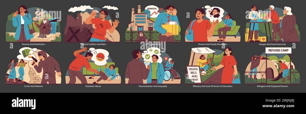 Social issues set. Portrayal of poverty, conflict, unemployment ...