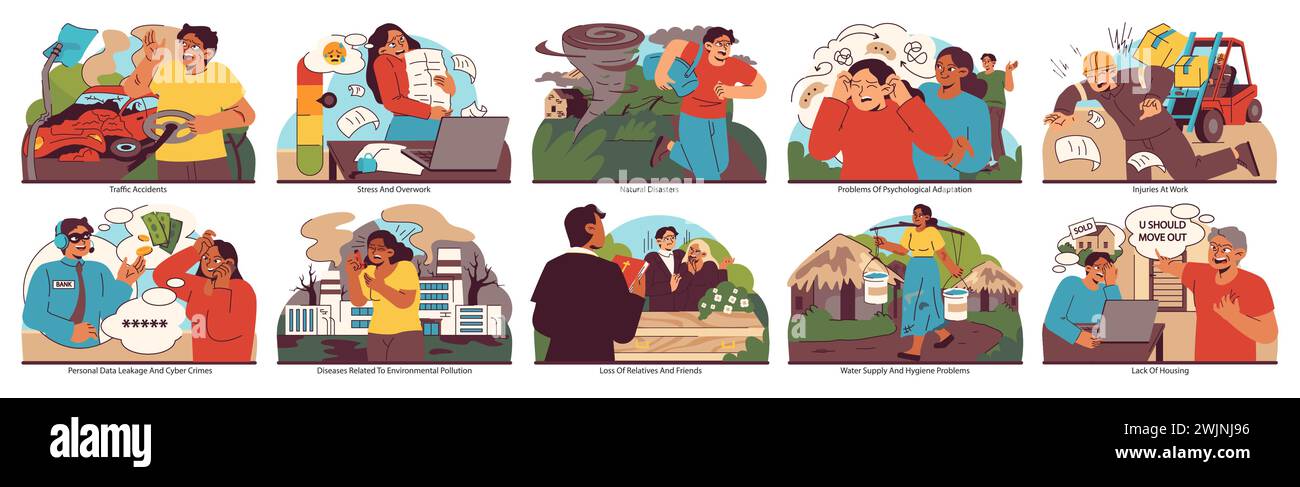 Social issues set. Diverse personal and environmental challenges ...