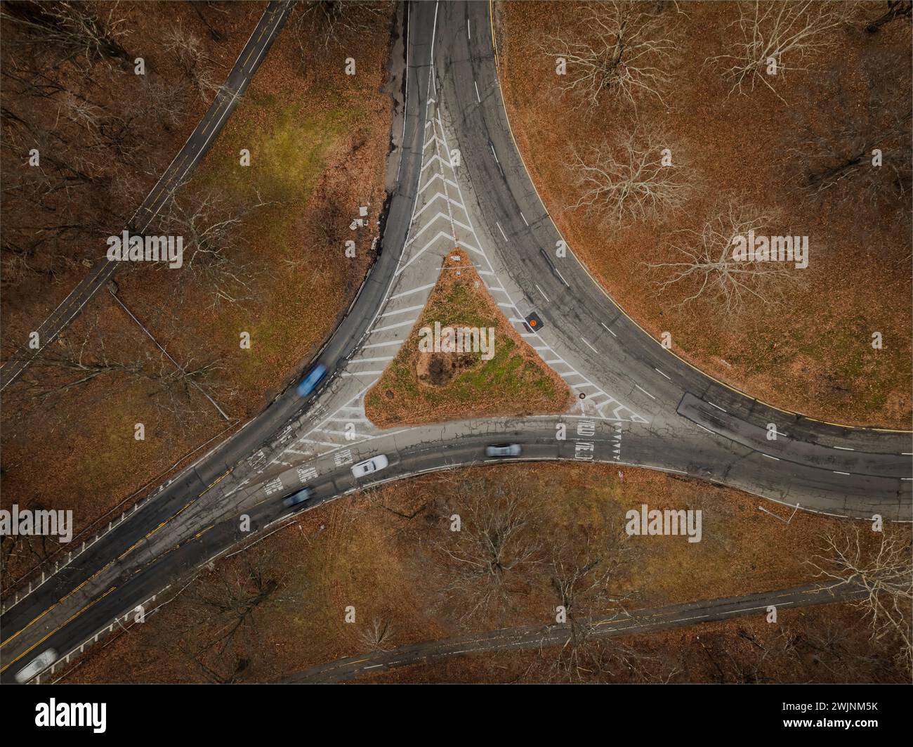 The top down view over an intersection, in a triangular shape, on a ...