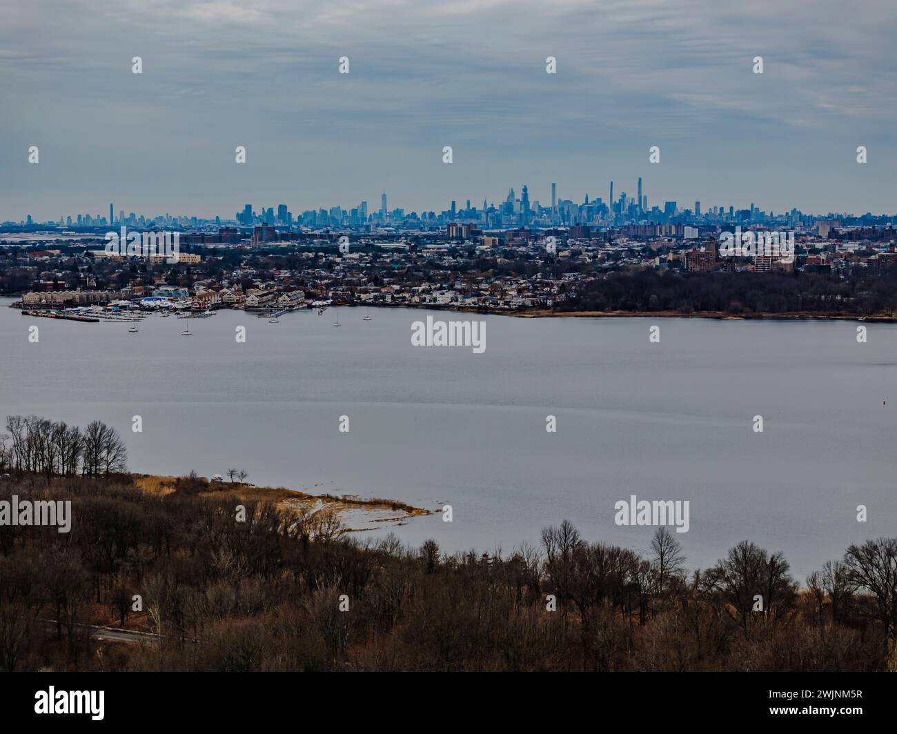 An aerial view from Pelham Bay Park in the Bronx, New York on a cloudy ...