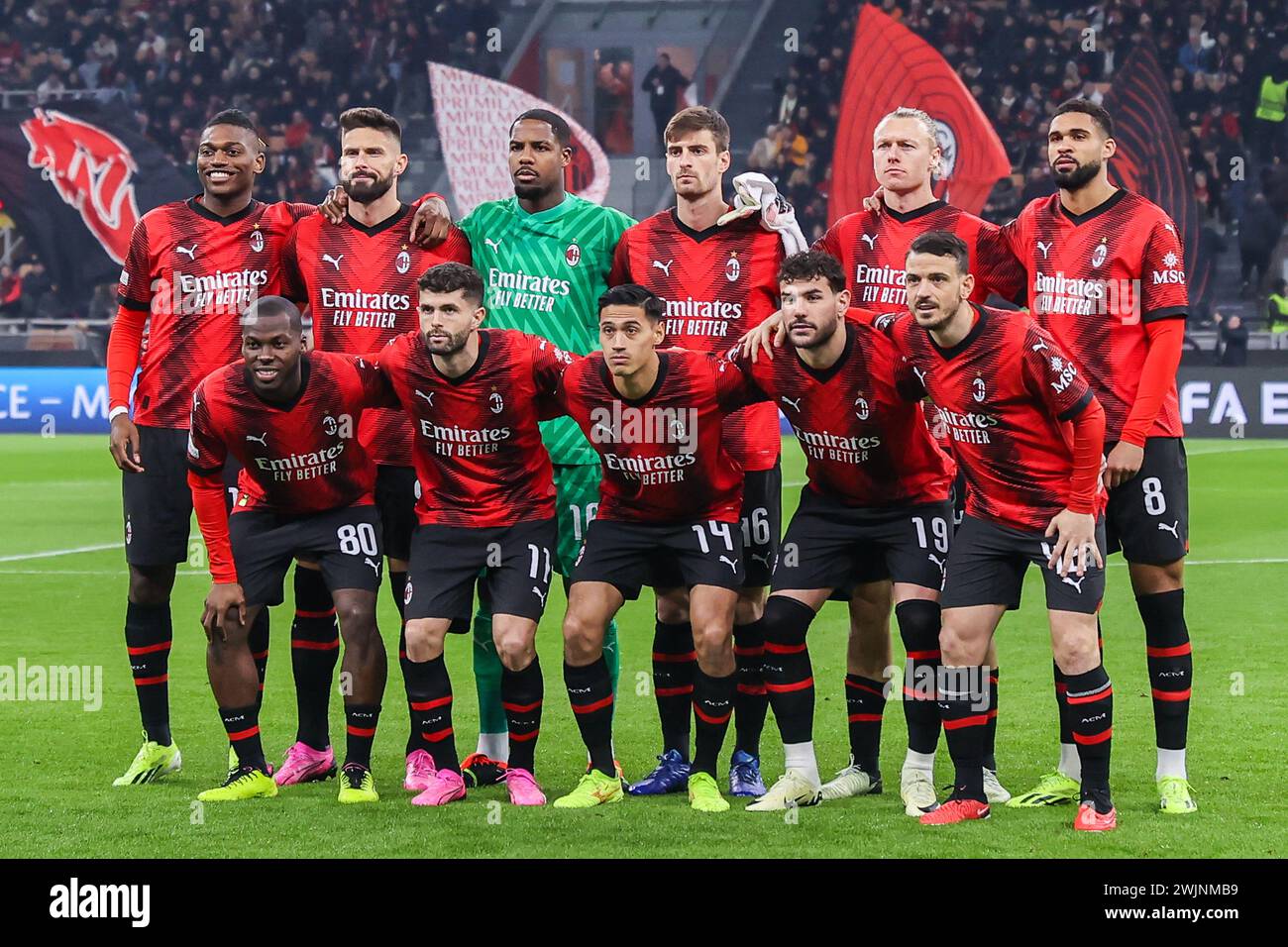 Milan, Italy. 15th Feb, 2024. AC Milan team line up during UEFA Europa ...