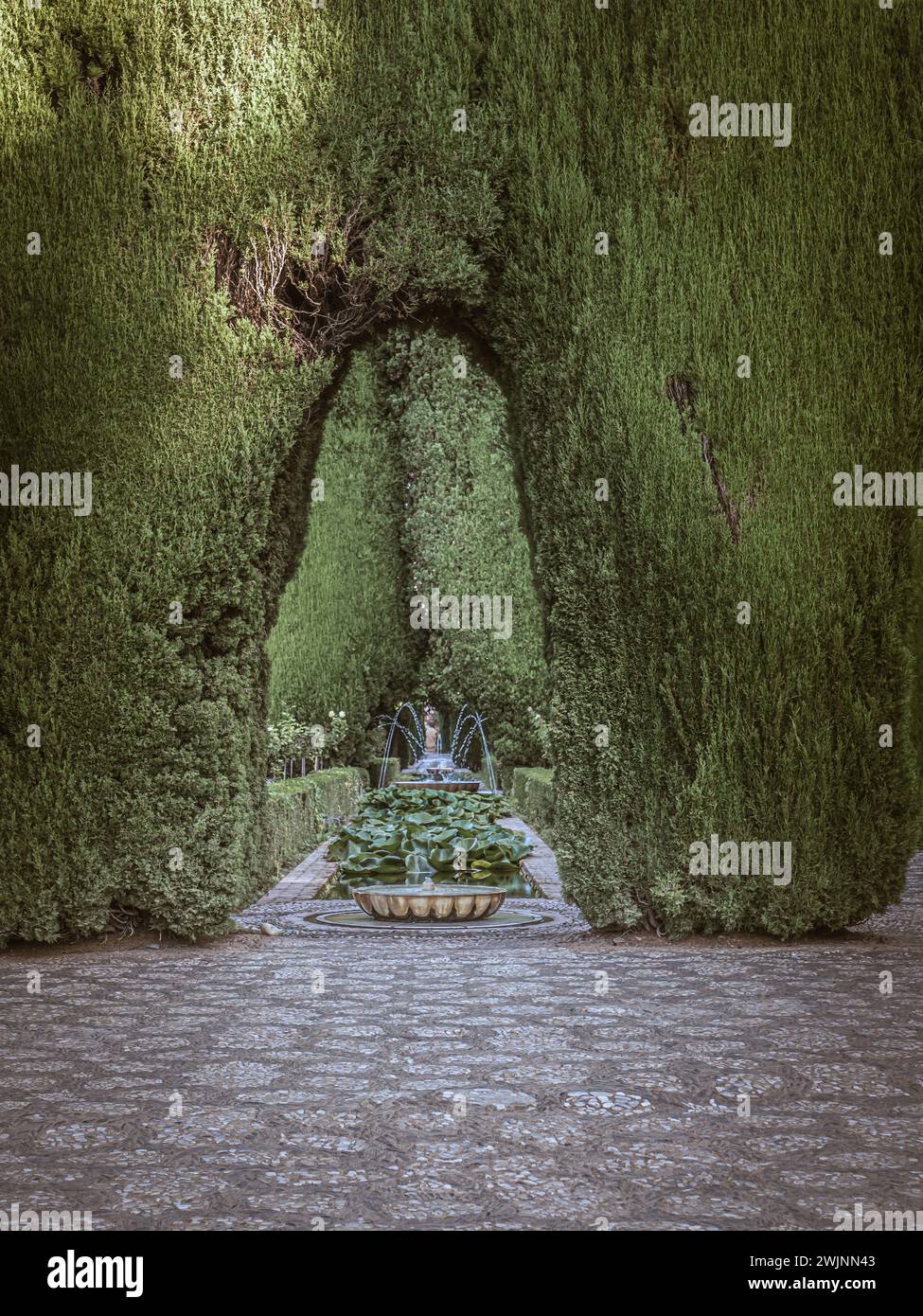 Fountain in the Generalife gardens of the Alhambra palace in Granada ...