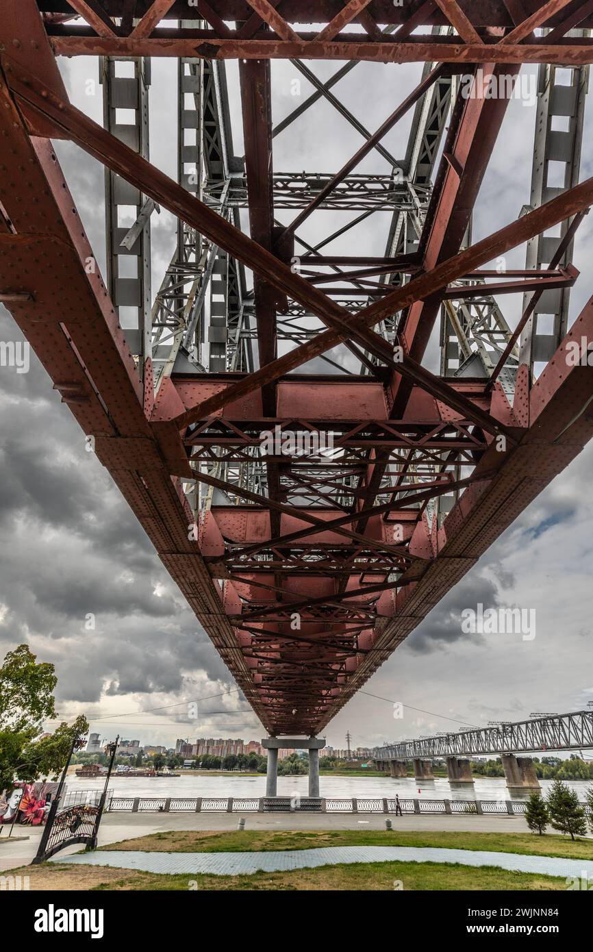The red steel segment with many struts of the first steel bridge, which ...