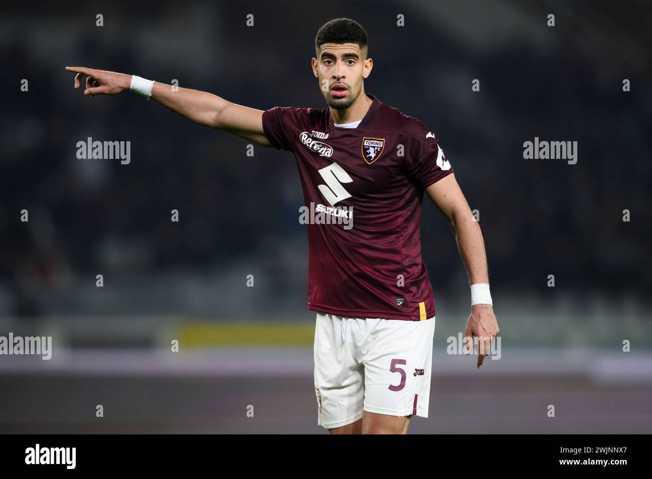 Turin, Italy. 16 February 2024. Adam Masina of Torino FC gestures ...