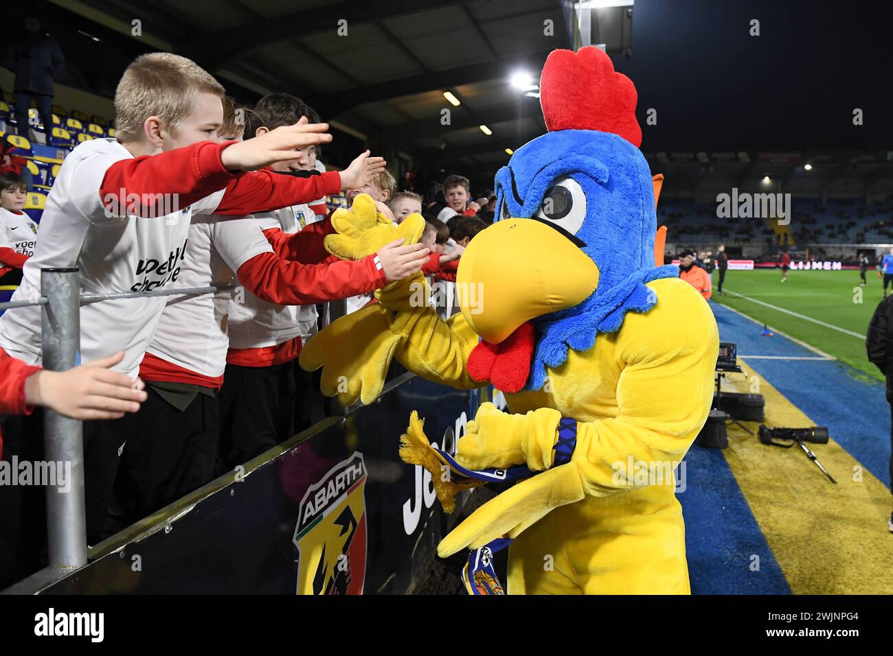 Westerlo, Belgium . 16th Feb, 2024. Westerlo's mascot, De Kemphaan ...