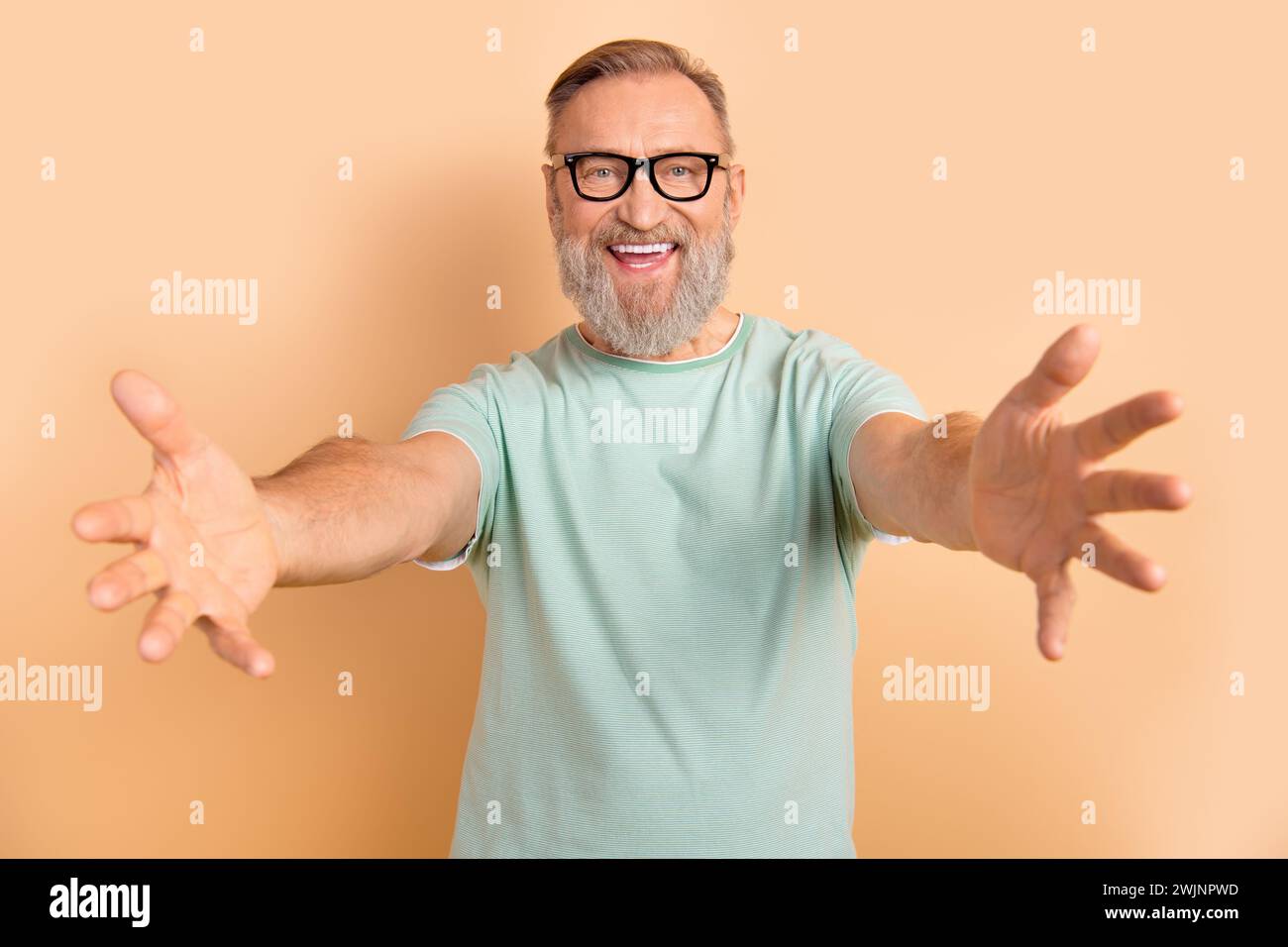 Photo of friendly positive person in eyewear dressed teal t-shirt ...