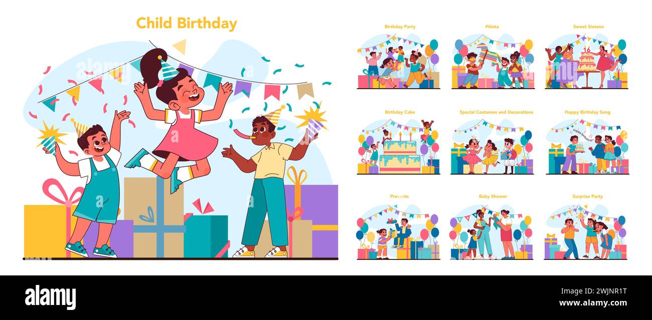 Child birthday set. Vibrant display of joyous birthday celebrations ...