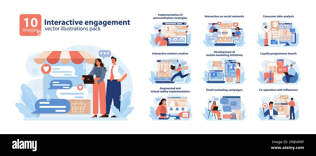 Interactive Engagement Vector Set. A collection showcasing diverse digital marketing strategies ...