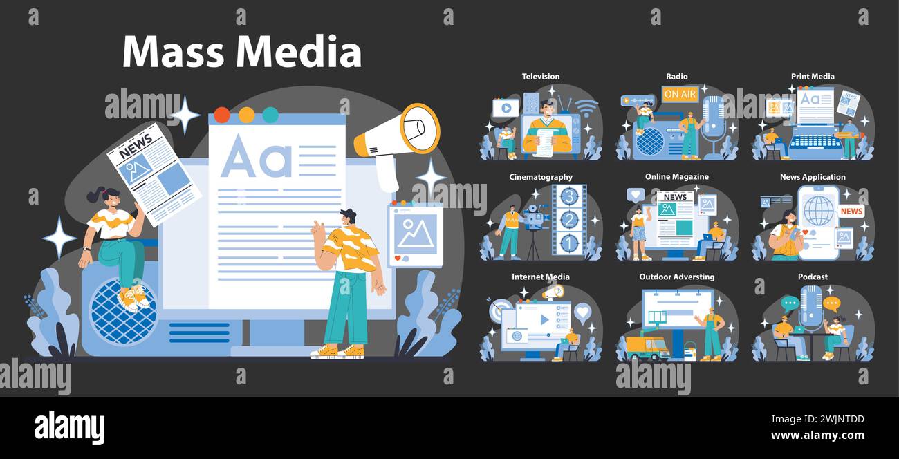 Mass media night or dark mode set. Diverse digital platforms and ...