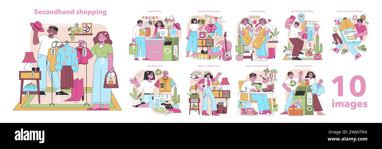 Secondhand shopping set. Thrifty consumers explore, donate, and upcycle ...