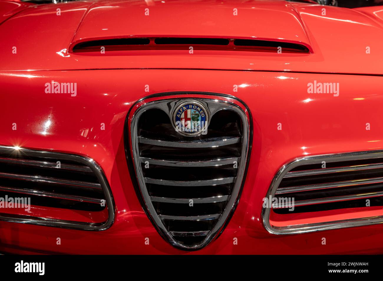 Sparkford.Somerset.United Kingdom.January 7th 2024.Close up of the Alpha Romeo Badge on an Alpha ...